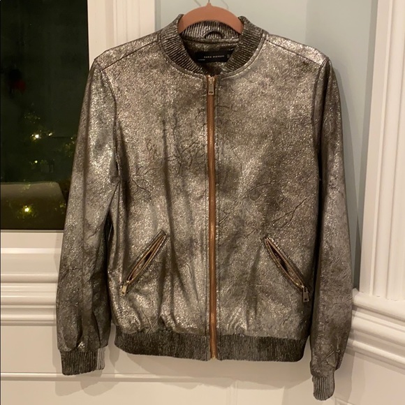Zara | Jackets & Coats | Zara Grey Metallic Bomber Style Zip Up Jacket ...